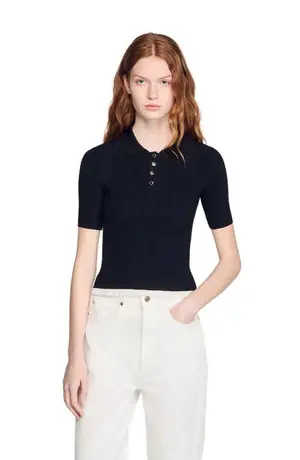 Sandro Decorative Knit Polo Shirt - Black