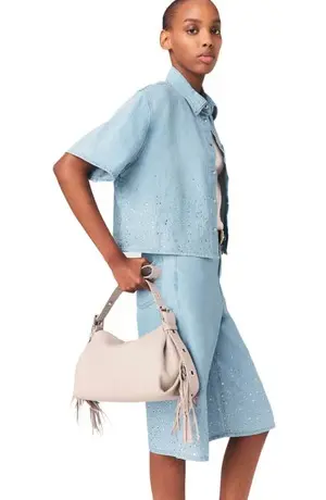 Maje Cropped Rhinestone Denim Shirt - Blue Sky