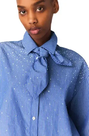 Maje Striped Shirt With Rhinestones And Removable Tie