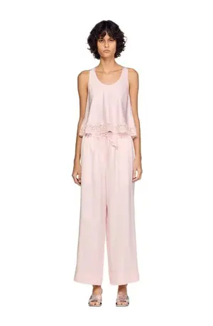 Sandro Satin Top With Lace Trim