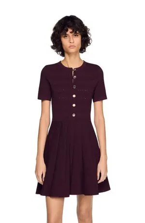 Sandro Pointelle Knit Short Dress With Button Detail - Brown