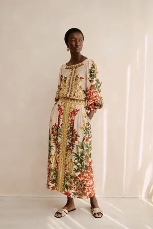RAISHMA Printed Crepe Midi Skirt - Beige