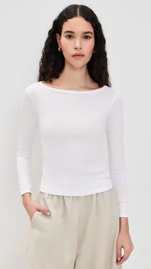 Enza Costa Fine Cotton Long Sleeve Boatneck Top - White