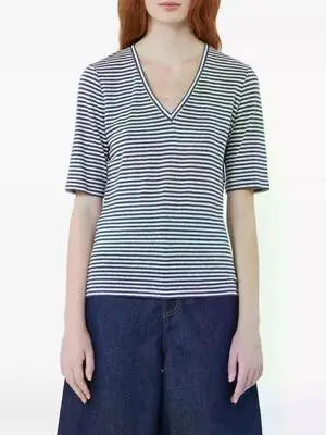Max Mara Striped V-neck Linen T-shirt - Blue