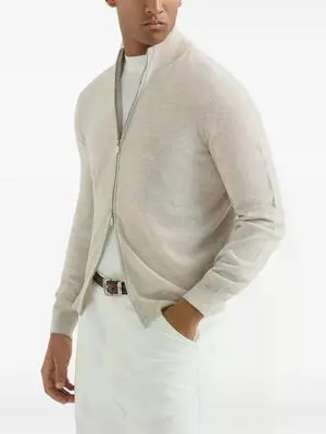 Brunello Cucinelli Cashmere Zip-up Cardigan With High Rib-knit Collar - Neutrals