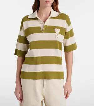 AMI Paris De Cœur Striped Cotton Polo Shirt - Green