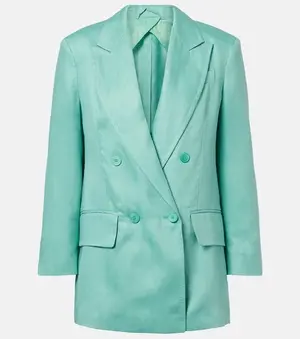 Max Mara Olimpia Double-Breasted Herringbone Linen Blazer Blue