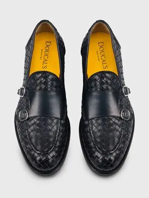 DOUCAL'S Braided Leather Double Monk Strap Shoes - Blue