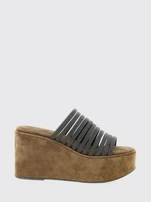 Brunello Cucinelli Suede Wedge Sandal With Monile Embellishment - Brown