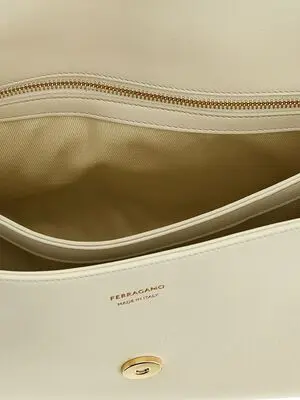 FERRAGAMO Leather Shoulder Bag With Gancini Logo - Beige