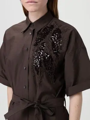 Brunello Cucinelli Sequined Cotton Blend Shirt Dress - Brown