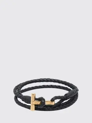 TOM FORD Tom Ford Braided Leather Bracelet With Gold Tone T-Clasp Black