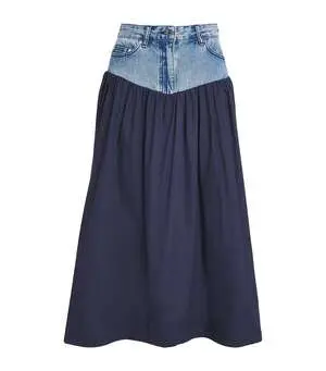 Sandro Denim-poplin Hybrid Midi Skirt - Blue