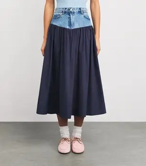 Sandro Denim-poplin Hybrid Midi Skirt - Blue