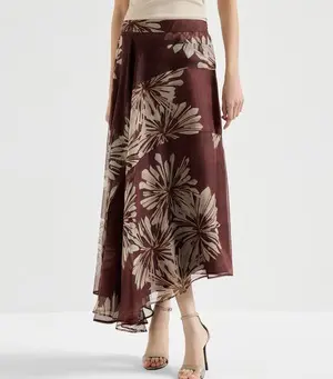 Brunello Cucinelli Asymmetric Floral Silk Midi Skirt