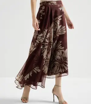 Brunello Cucinelli Asymmetric Floral Silk Midi Skirt