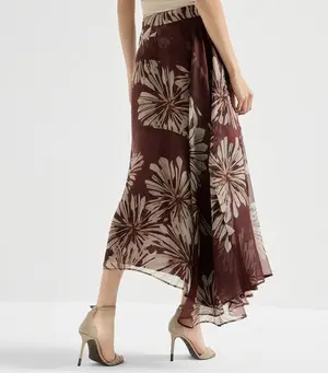 Brunello Cucinelli Asymmetric Floral Silk Midi Skirt