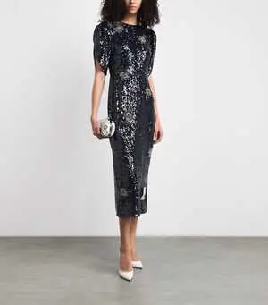 Erdem Embellished Sequin Midi Dress - Navy