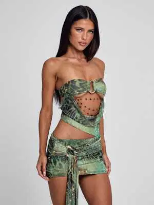 OUTCAST Lowen Printed Mini Dress With Beaded Chain - Green
