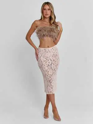 OUTCAST Feather-trimmed Strapless Crop Top - Tan