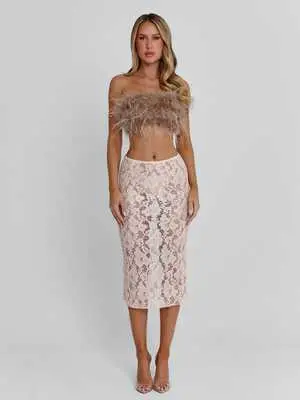OUTCAST Feather-trimmed Strapless Crop Top