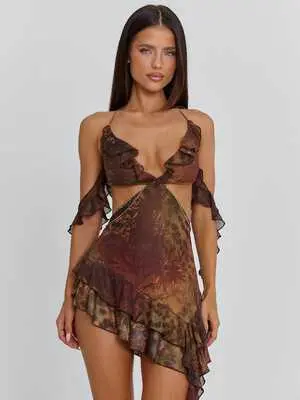 OUTCAST Lola Mini Dress In Alia - Brown/print