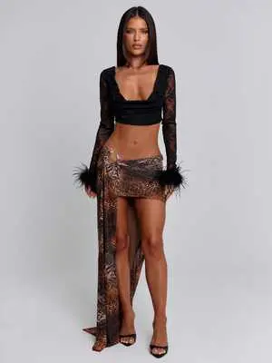 OUTCAST Lace Top With Feather Trim