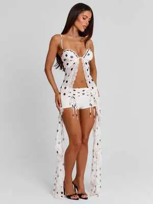 OUTCAST Printed Mesh Top With Flounce And Lace Trim