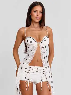 OUTCAST Printed Mesh Top With Flounce And Lace Trim