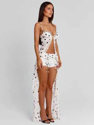 OUTCAST Printed Mesh Top With Flounce And Lace Trim