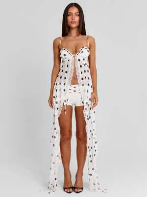 OUTCAST Printed Mesh Top With Flounce And Lace Trim