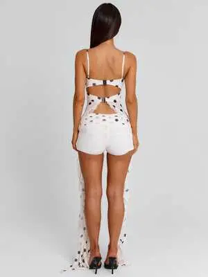 OUTCAST Printed Mesh Top With Flounce And Lace Trim