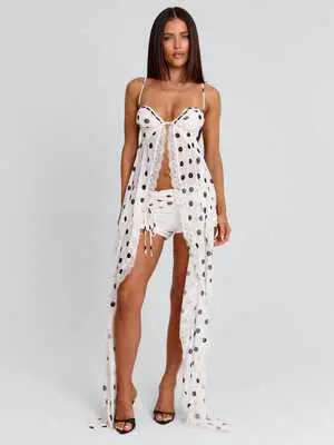 OUTCAST Printed Mesh Top With Flounce And Lace Trim