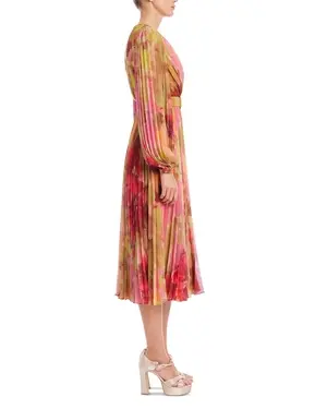 Badgley Mischka Pleated Floral Wrap Midi Dress