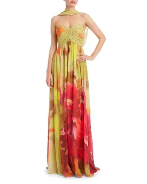 Badgley Mischka Strapless Floral Scarf Gown - Pink Multi