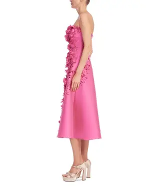 Badgley Mischka Strapless 3d Floral Gazar Midi Dress - Magenta