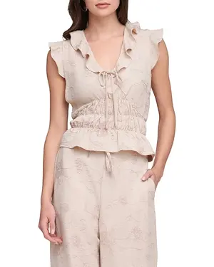 Bagatelle Embroidered Tie Front Smock Top - Flax