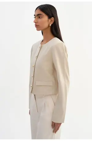 LAMARQUE Francina Linen Twill Collarless Jacket - Natural
