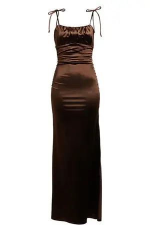 EMERALD SUNDAE Ruched Tie-strap Satin Gown - Chocolate