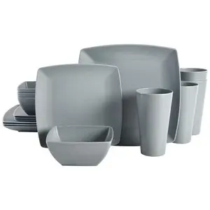 GIBSON HOME Grayson 16 Piece Square Melamine Dinnerware Set - Grey