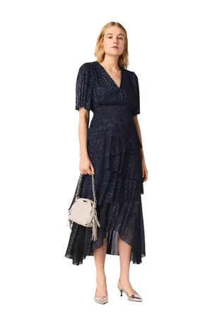 Maje Metallic Ruffled Midi Wrap Dress - Navy