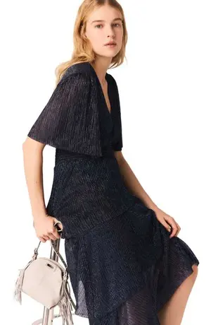 Maje Metallic Ruffled Midi Wrap Dress - Navy