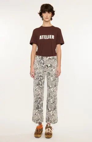 KANCAN Shera Mid Rise Ankle Wide Floral Jeans - Ecru
