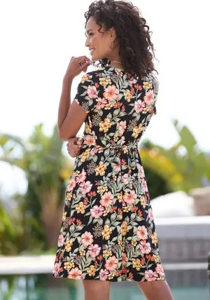 LASCANA Floral V-neck Belted A-line Dress