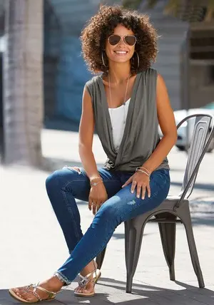 LASCANA Sleeveless Wrap Look Top - Olive