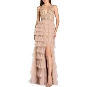 Mac Duggal Beaded Tulle Sleeveless V-neck Ruffle Column Gown - Nude