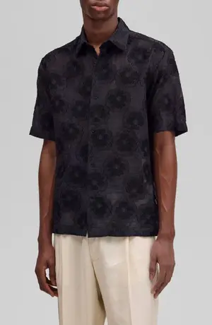 Nn07 Freddy 50045 Embroidered Floral Short Sleeve Cotton Blend Button-up Shirt - Black