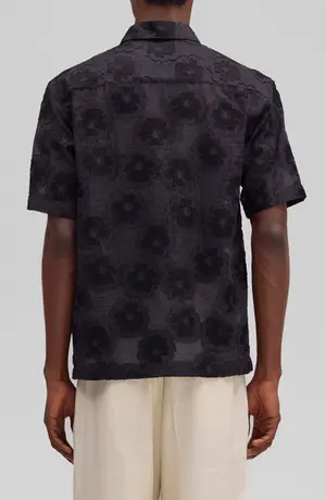 Nn07 Freddy 50045 Embroidered Floral Short Sleeve Cotton Blend Button-up Shirt - Black
