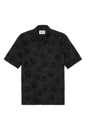 Nn07 Freddy 50045 Embroidered Floral Short Sleeve Cotton Blend Button-up Shirt - Black