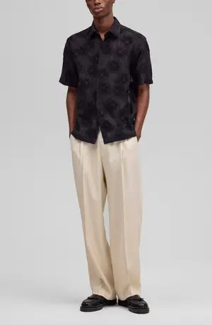 Nn07 Freddy 50045 Embroidered Floral Short Sleeve Cotton Blend Button-up Shirt - Black